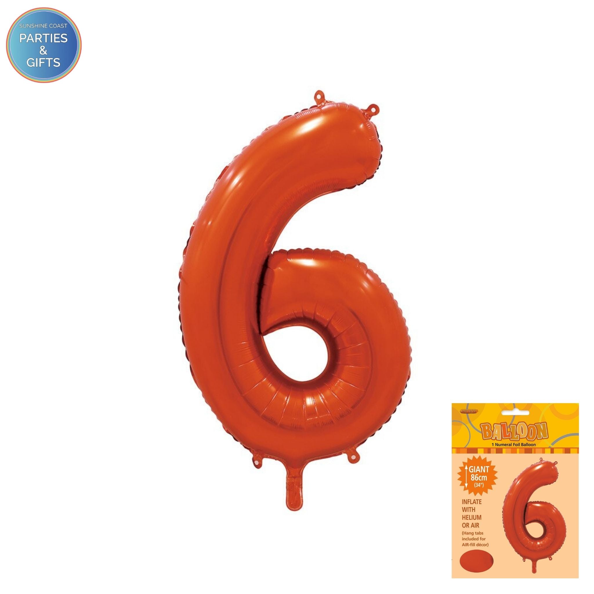 GIANT FOIL BALLOON - ORANGE NUMBER 6 - 86CM – Sunshine Coast Parties ...