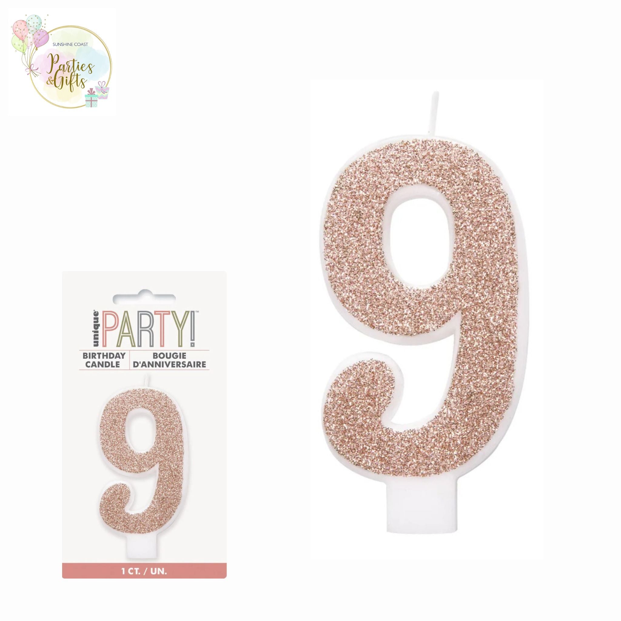 ROSE GOLD GLITTER NUMERAL CANDLE - # 9 – Sunshine Coast Parties & Gifts
